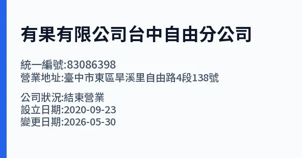 有果有限公司台中自由分公司的照片-統編 83086398(臺中市) 公司登記資料與營業項目詳細圖表