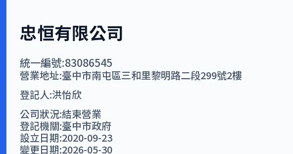 忠恒有限公司的照片-統編 83086545(臺中市) 公司登記資料與營業項目詳細圖表