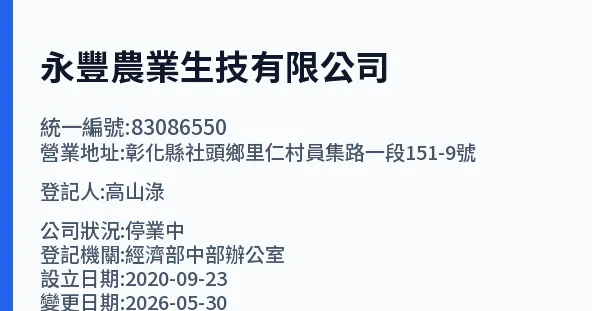 永豐農業生技有限公司的照片-統編 83086550(彰化縣) 公司登記資料與營業項目詳細圖表