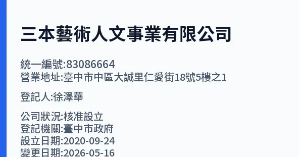 三本藝術人文事業有限公司的照片-統編 83086664(臺中市) 公司登記資料與營業項目詳細圖表