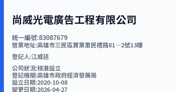 尚威光電廣告工程有限公司的照片-統編 83087679(高雄市) 公司登記資料與營業項目詳細圖表