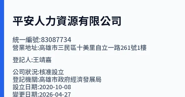 平安人力資源有限公司的照片-統編 83087734(高雄市) 公司登記資料與營業項目詳細圖表