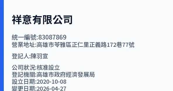 祥意有限公司的照片-統編 83087869(高雄市) 公司登記資料與營業項目詳細圖表