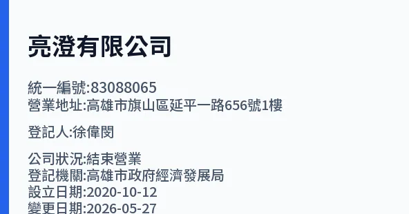 亮澄有限公司的照片-統編 83088065(高雄市) 公司登記資料與營業項目詳細圖表