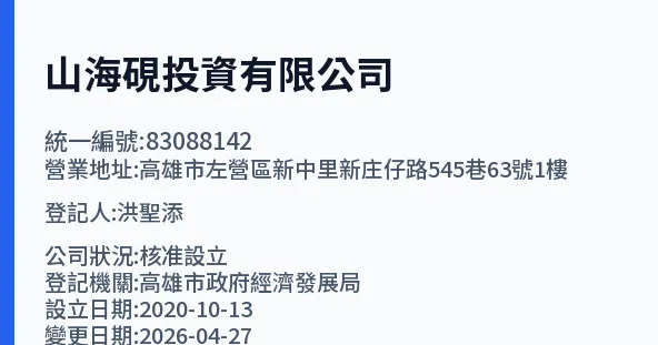 山海硯投資有限公司的照片-統編 83088142(高雄市) 公司登記資料與營業項目詳細圖表