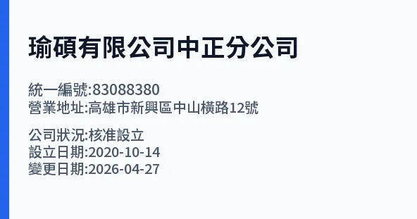 瑜碩有限公司中正分公司的照片-統編 83088380(高雄市) 公司登記資料與營業項目詳細圖表