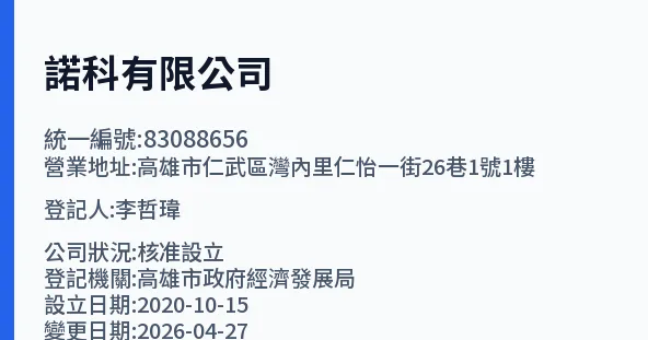諾科有限公司的照片-統編 83088656(高雄市) 公司登記資料與營業項目詳細圖表
