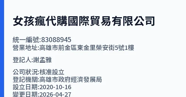 女孩瘋代購國際貿易有限公司的照片-統編 83088945(高雄市) 公司登記資料與營業項目詳細圖表