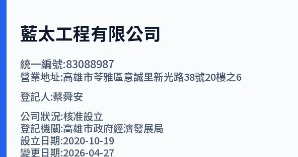 藍太工程有限公司的照片-統編 83088987(高雄市) 公司登記資料與營業項目詳細圖表