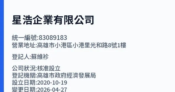 星浩企業有限公司的照片-統編 83089183(高雄市) 公司登記資料與營業項目詳細圖表