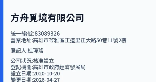 方舟覓境有限公司的照片-統編 83089326(高雄市) 公司登記資料與營業項目詳細圖表