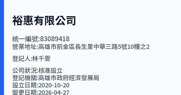 裕惠有限公司的照片-統編 83089418(高雄市) 公司登記資料與營業項目詳細圖表