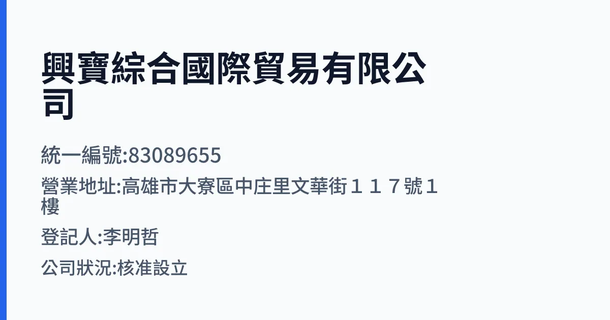 興寶綜合國際貿易有限公司 - 統編 83089655（高雄市） 公司登記資料與營業項目詳細圖表