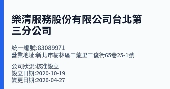 樂清服務股份有限公司台北第三分公司的照片-統編 83089971(新北市) 公司登記資料與營業項目詳細圖表