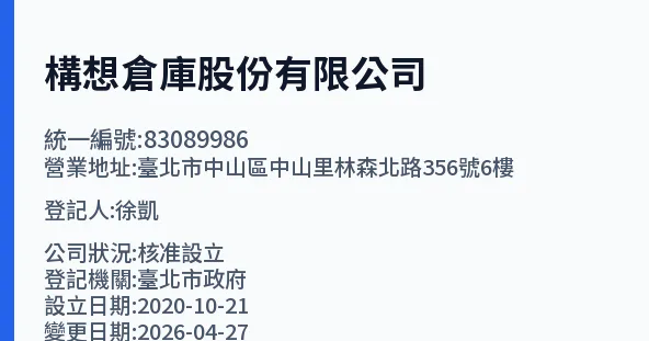 構想倉庫股份有限公司的照片-統編 83089986(臺北市) 公司登記資料與營業項目詳細圖表