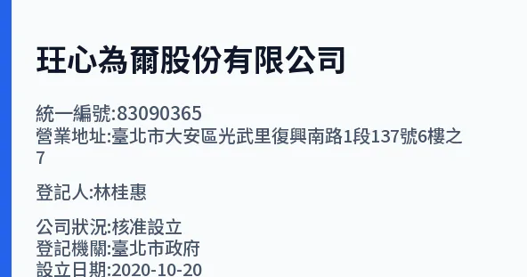 玨心為爾股份有限公司的照片-統編 83090365(臺北市) 公司登記資料與營業項目詳細圖表