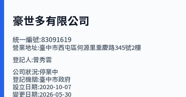 豪世多有限公司的照片-統編 83091619(臺中市) 公司登記資料與營業項目詳細圖表