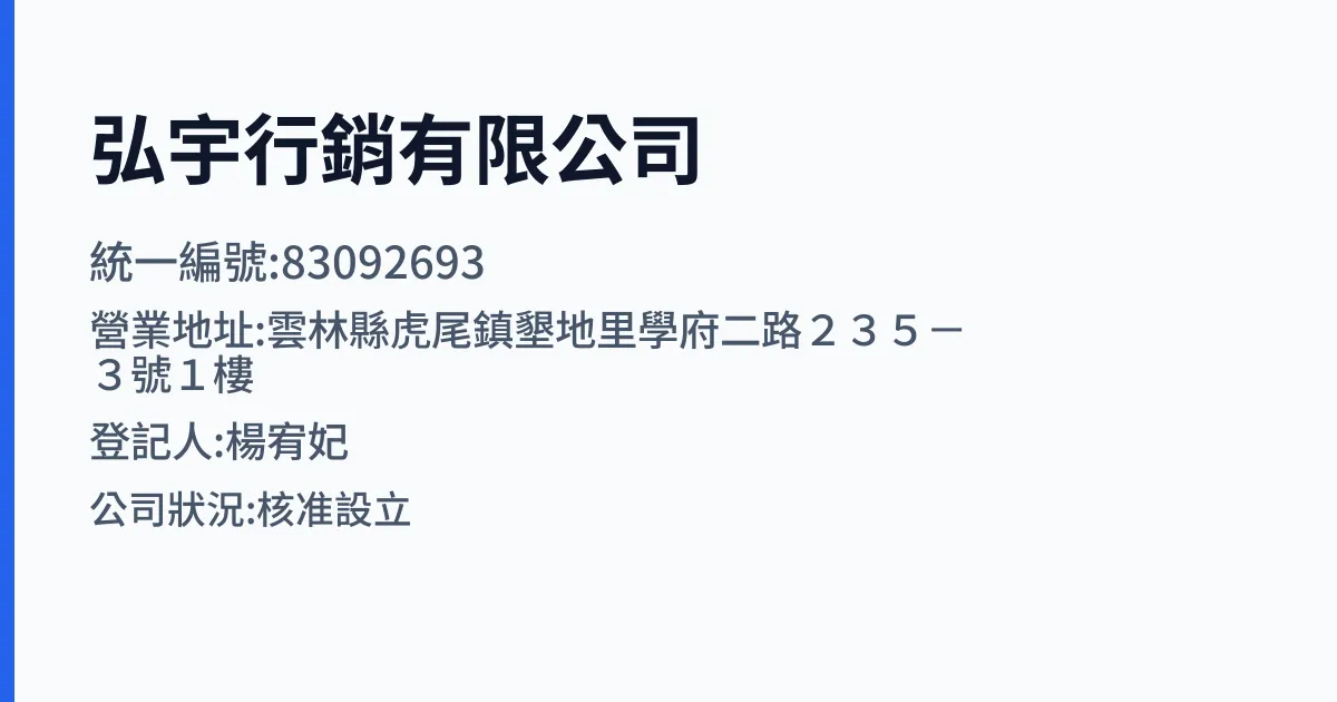 弘宇行銷有限公司 - 統編 83092693(雲林縣) 公司登記資料與營業項目詳細圖表