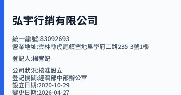 弘宇行銷有限公司的照片-統編 83092693(雲林縣) 公司登記資料與營業項目詳細圖表