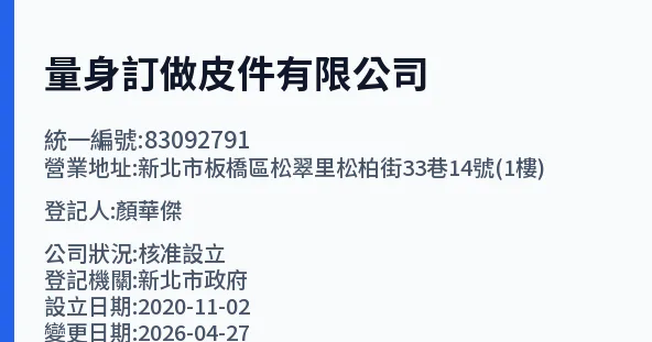 量身訂做皮件有限公司的照片-統編 83092791(新北市) 公司登記資料與營業項目詳細圖表