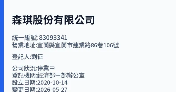 森琪股份有限公司的照片-統編 83093341(宜蘭縣) 公司登記資料與營業項目詳細圖表