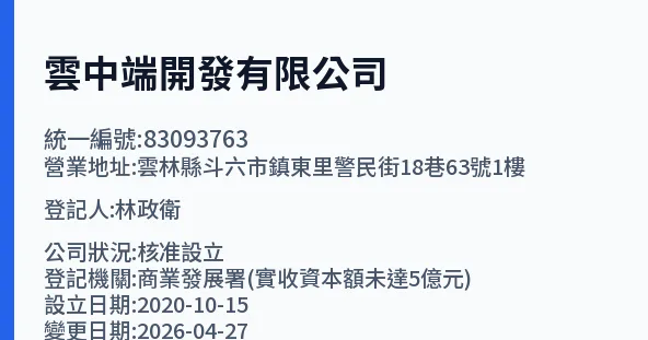 雲中端開發有限公司的照片-統編 83093763(雲林縣) 公司登記資料與營業項目詳細圖表