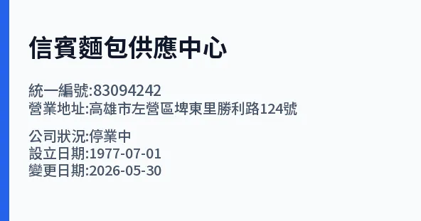 信賓麵包供應中心的照片-統編 83094242(高雄市) 公司登記資料與營業項目詳細圖表