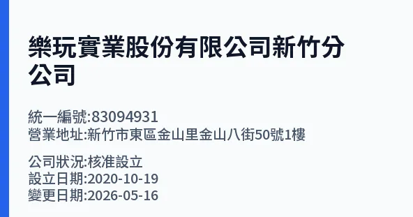 樂玩實業股份有限公司新竹分公司的照片-統編 83094931(新竹市) 公司登記資料與營業項目詳細圖表