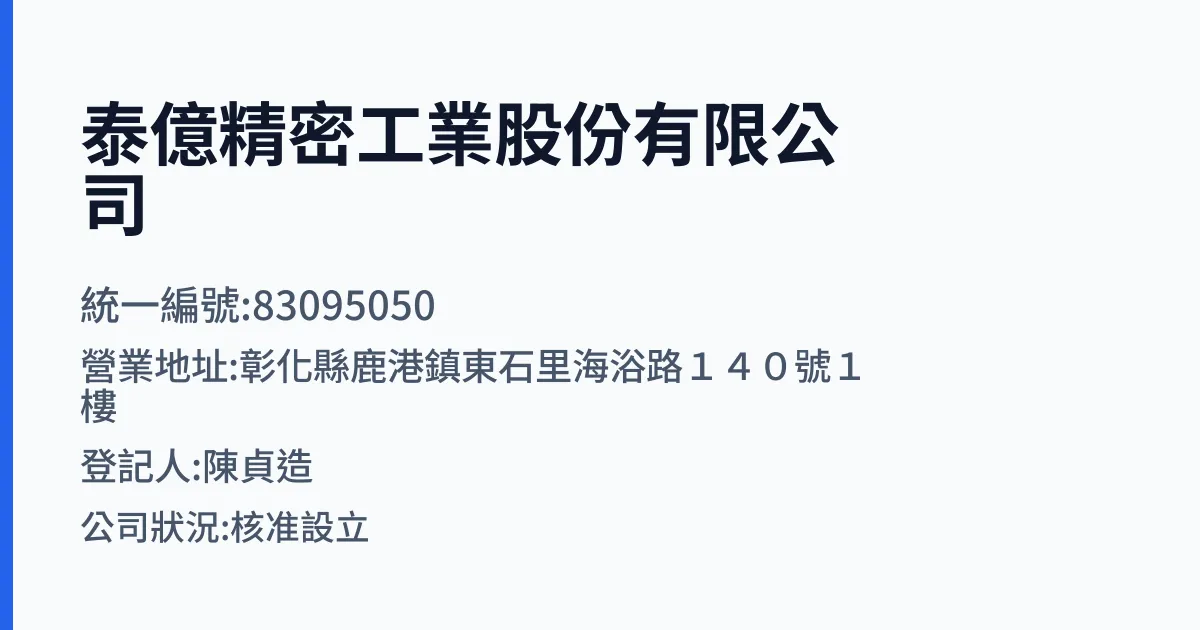 泰億精密工業股份有限公司 - 統編 83095050(彰化縣) 公司登記資料與營業項目詳細圖表
