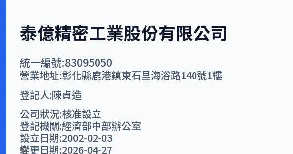 泰億精密工業股份有限公司的照片-統編 83095050(彰化縣) 公司登記資料與營業項目詳細圖表