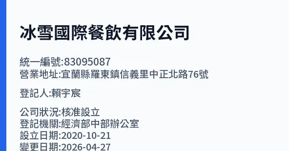 冰雪國際餐飲有限公司的照片-統編 83095087(宜蘭縣) 公司登記資料與營業項目詳細圖表