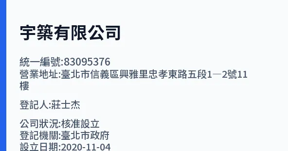 宇築有限公司的照片-統編 83095376(臺北市) 公司登記資料與營業項目詳細圖表