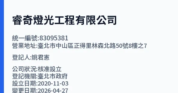 睿奇燈光工程有限公司的照片-統編 83095381(臺北市) 公司登記資料與營業項目詳細圖表