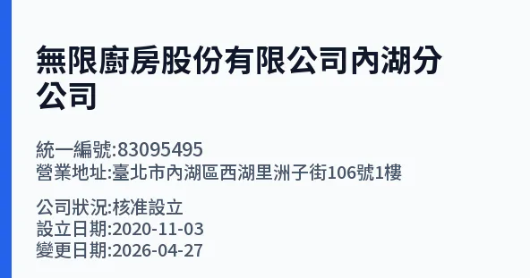 無限廚房股份有限公司內湖分公司的照片-統編 83095495(臺北市) 公司登記資料與營業項目詳細圖表