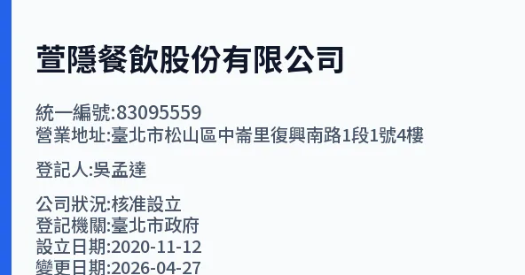 萱隱餐飲股份有限公司的照片-統編 83095559(臺北市) 公司登記資料與營業項目詳細圖表