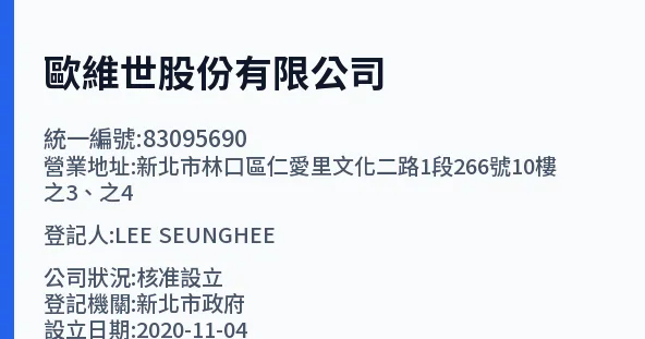 歐維世股份有限公司的照片-統編 83095690(新北市) 公司登記資料與營業項目詳細圖表