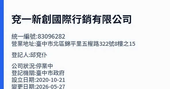 兗一新創國際行銷有限公司的照片-統編 83096282(臺中市) 公司登記資料與營業項目詳細圖表