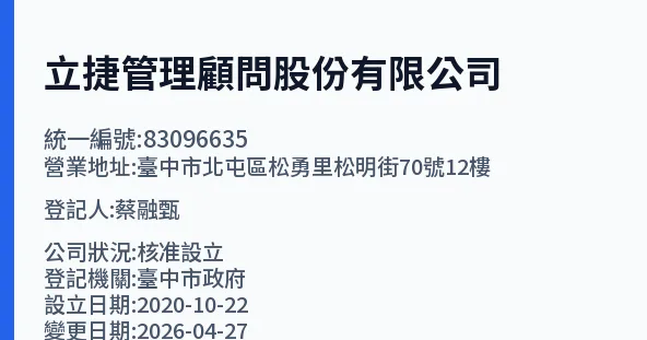 立捷管理顧問股份有限公司的照片-統編 83096635(臺中市) 公司登記資料與營業項目詳細圖表