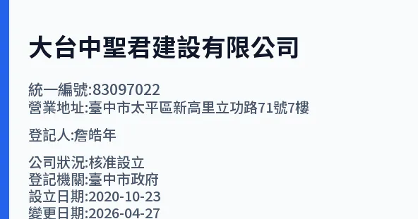 大台中聖君建設有限公司的照片-統編 83097022(臺中市) 公司登記資料與營業項目詳細圖表