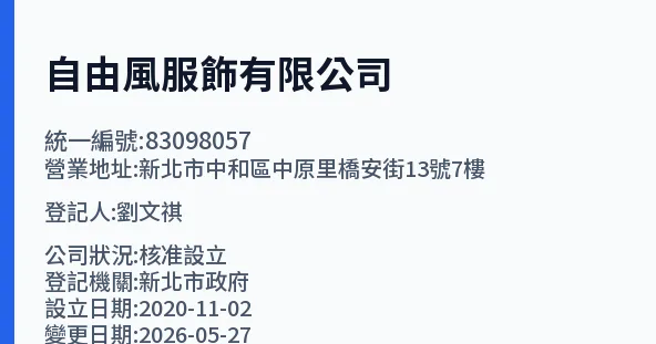 自由風服飾有限公司的照片-統編 83098057(新北市) 公司登記資料與營業項目詳細圖表