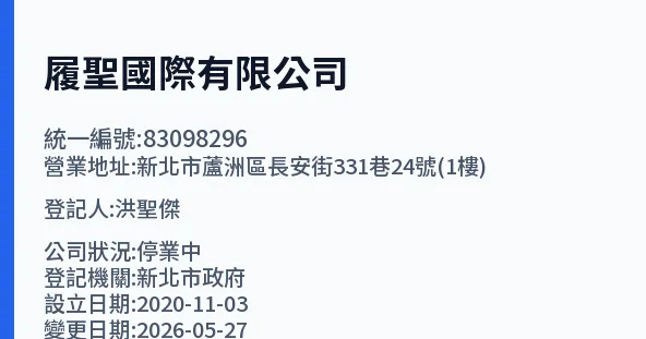 履聖國際有限公司的照片-統編 83098296(新北市) 公司登記資料與營業項目詳細圖表