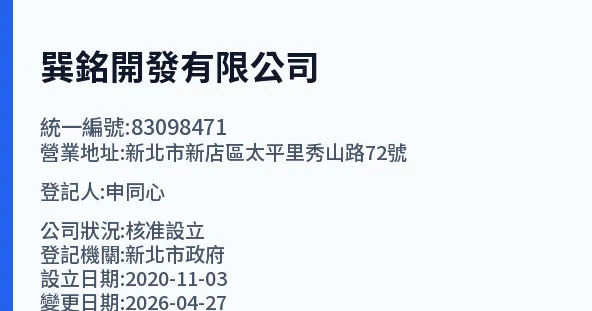 巽銘開發有限公司的照片-統編 83098471(新北市) 公司登記資料與營業項目詳細圖表