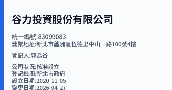 谷力投資股份有限公司的照片-統編 83099083(新北市) 公司登記資料與營業項目詳細圖表