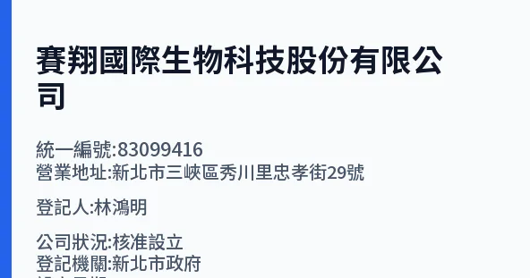 賽翔國際生物科技股份有限公司的照片-統編 83099416(新北市) 公司登記資料與營業項目詳細圖表