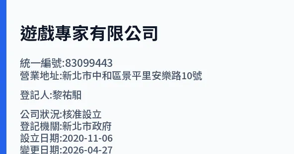 遊戲專家有限公司的照片-統編 83099443(新北市) 公司登記資料與營業項目詳細圖表