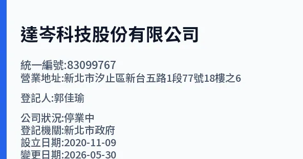 達岑科技股份有限公司的照片-統編 83099767(新北市) 公司登記資料與營業項目詳細圖表