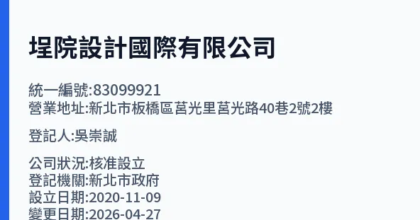 埕院設計國際有限公司的照片-統編 83099921(新北市) 公司登記資料與營業項目詳細圖表