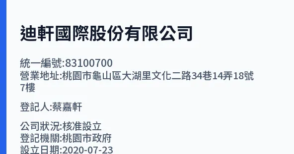 迪軒國際股份有限公司的照片-統編 83100700(桃園市) 公司登記資料與營業項目詳細圖表