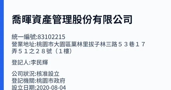 喬暉資產管理股份有限公司的照片-統編 83102215(桃園市) 公司登記資料與營業項目詳細圖表