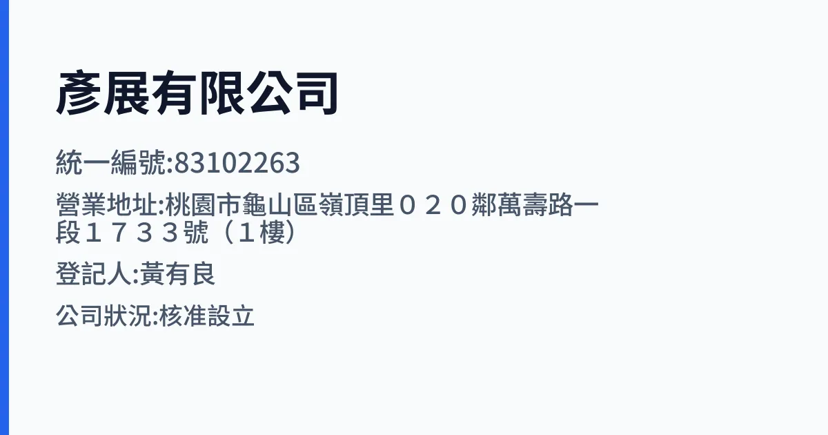 彥展有限公司 - 統編 83102263(桃園市) 公司登記資料與營業項目詳細圖表